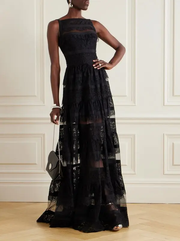 Elie Saab Tiered Mesh And Lace Gown In Black - 50% Off | Editorialist