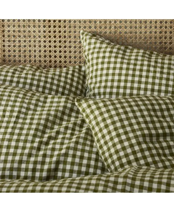 PIGLET IN BED Gingham Linen Blend Flat Sheet - Botanical Green Gingham