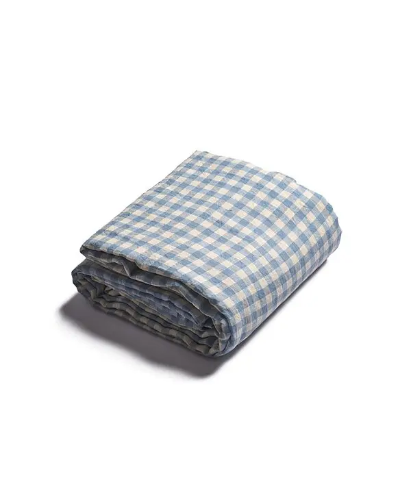 PIGLET IN BED Gingham Linen Blend Flat Sheet - Warm Blue Gingham