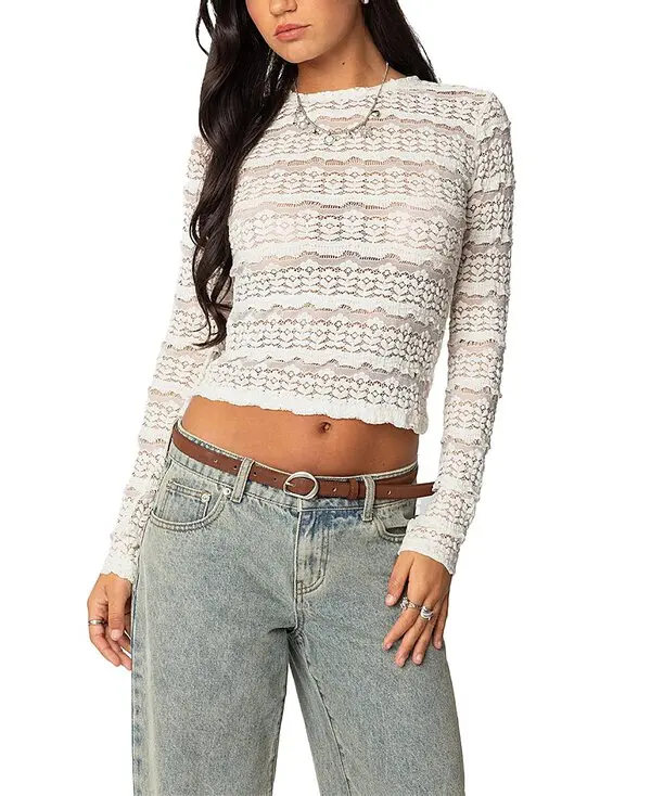 EDIKTED Daisey Textured Sheer Lace Top - Cream