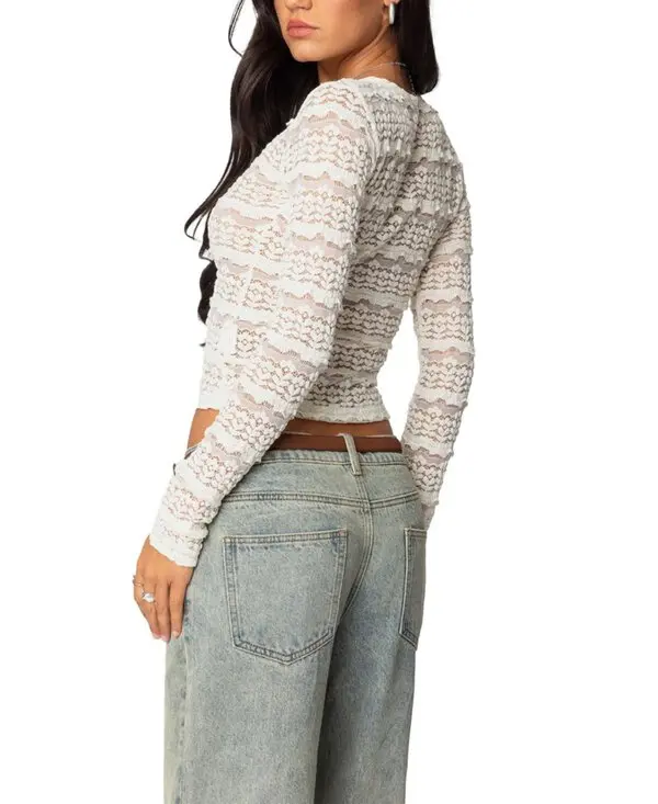 EDIKTED Daisey Textured Sheer Lace Top - Cream