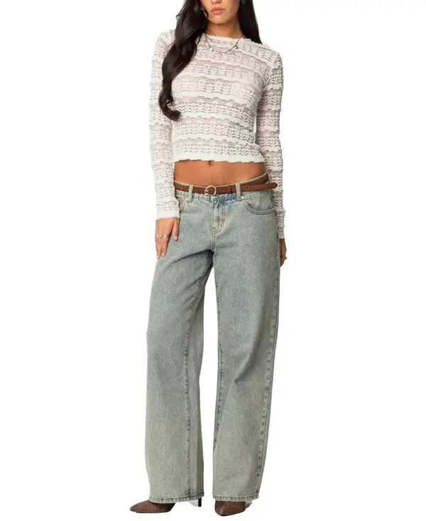 EDIKTED Daisey Textured Sheer Lace Top - Cream