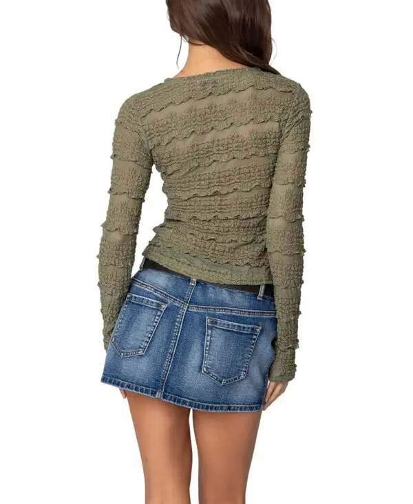 EDIKTED Daisey Textured Sheer Lace Top - Olive