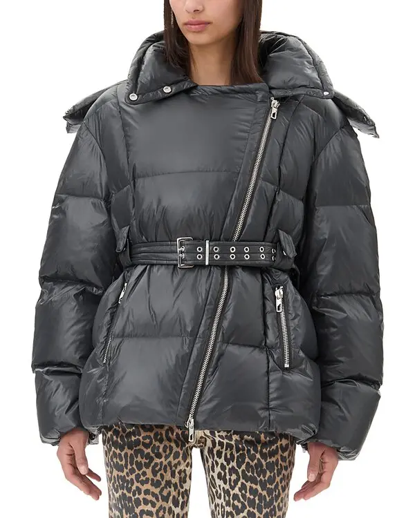 GANNI Black Shiny Nylon Puffer Jacket With Belt - Black Sand