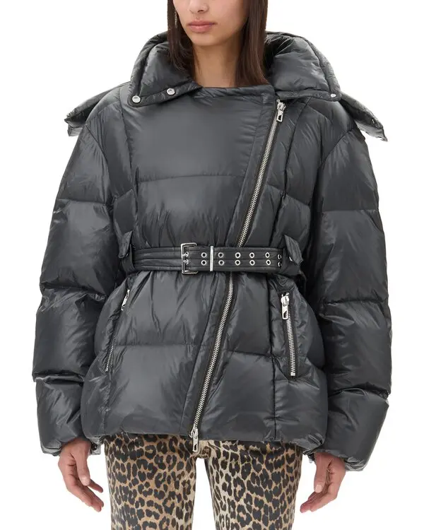 GANNI Black Shiny Nylon Puffer Jacket With Belt - Black Sand