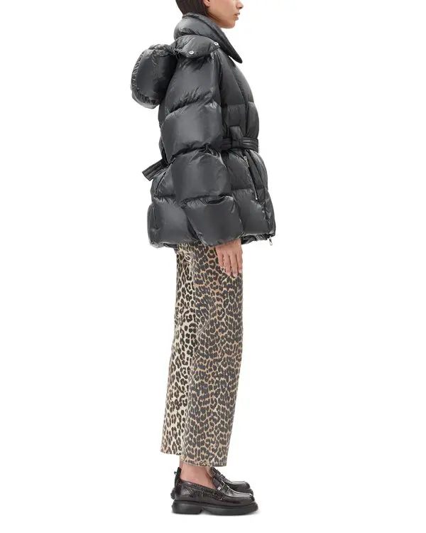 GANNI Black Shiny Nylon Puffer Jacket With Belt - Black Sand