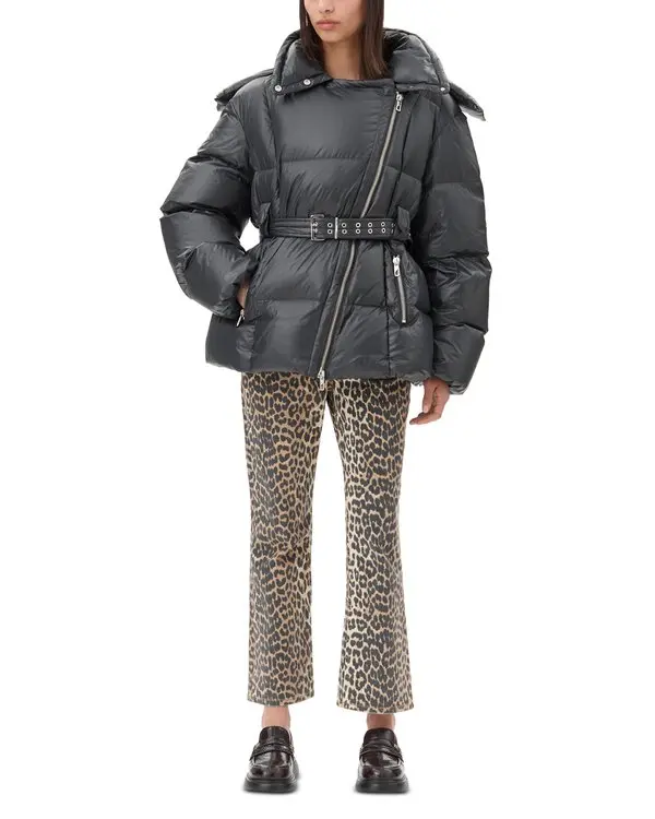 GANNI Black Shiny Nylon Puffer Jacket With Belt - Black Sand