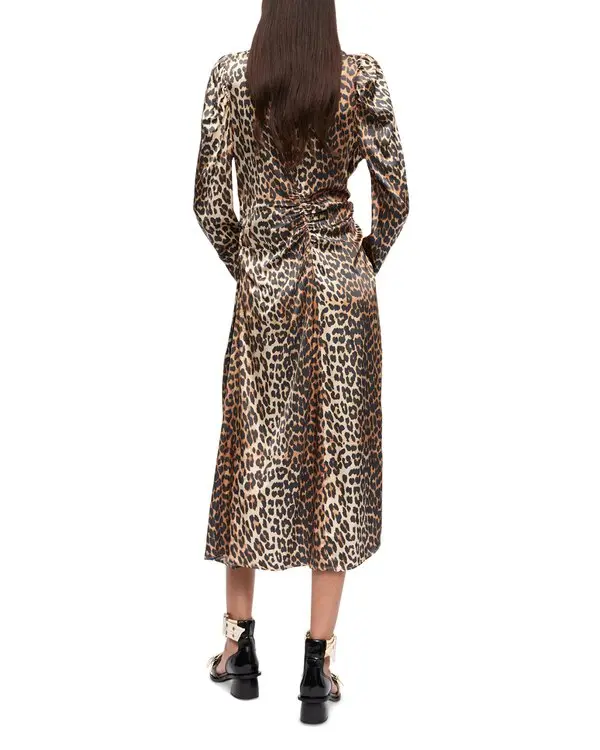 GANNI Printed Ruched Midi Dress - Leopard