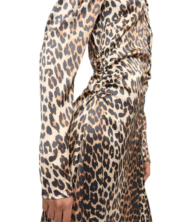GANNI Printed Ruched Midi Dress - Leopard