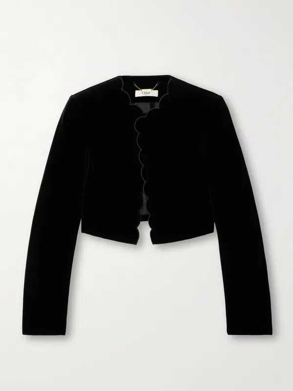 Chloé Cropped Silk-velour Jacket With Scalloped Edges - Black