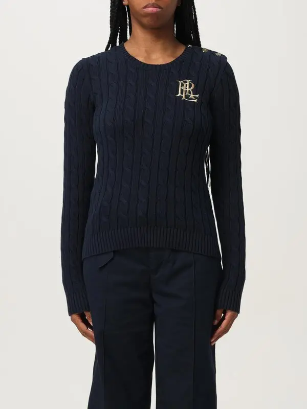 Ralph Lauren Navy Cable Knit Sweater With Embellished Logo - Blue