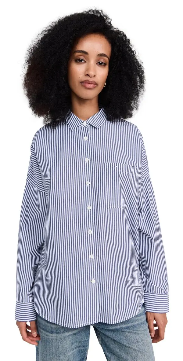 ALEX MILL Striped Paper Poplin Shirt - Navy/white
