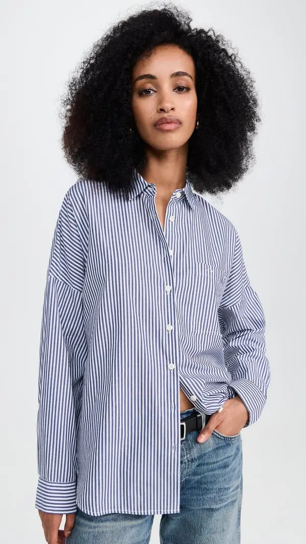 ALEX MILL Striped Paper Poplin Shirt - Navy/white