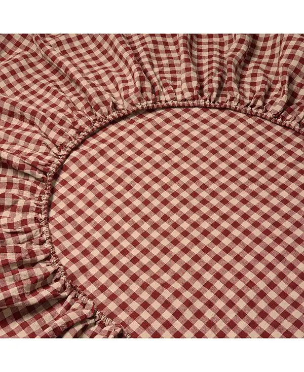 PIGLET IN BED Gingham Linen Blend Fitted Sheet - Rhubarb/oatmeal