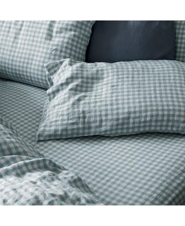 PIGLET IN BED Gingham Linen Blend Fitted Sheet - Warm Blue Gingham