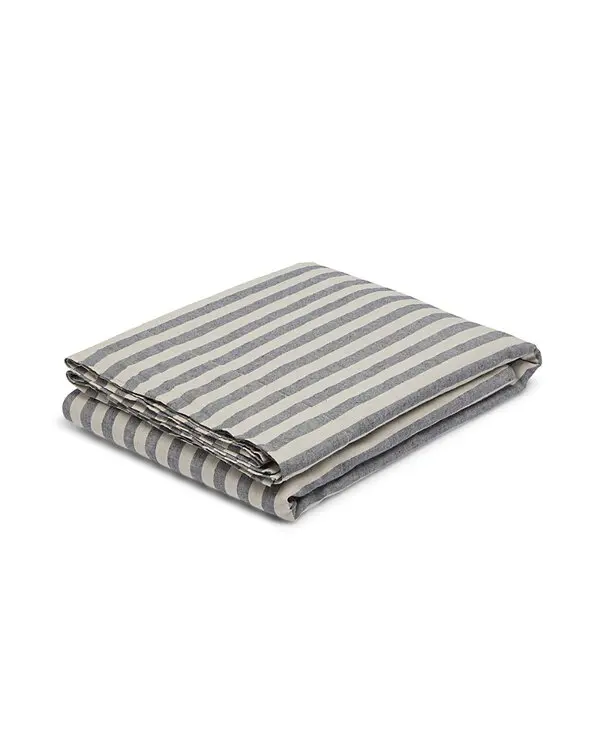 PIGLET IN BED Pembroke Stripe Linen Blend Flat Sheet - Atlantic/oatmeal