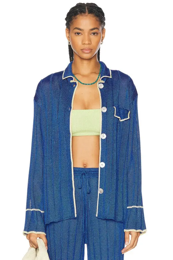 Calle Del Mar Wide Rib Long Sleeve Pajama Shirt In Blue - Lapis & Butter