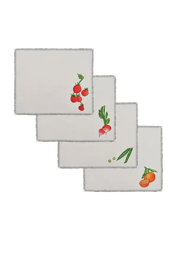 MISETTE Linen Embroidered Rectangular Placemats In White - Green