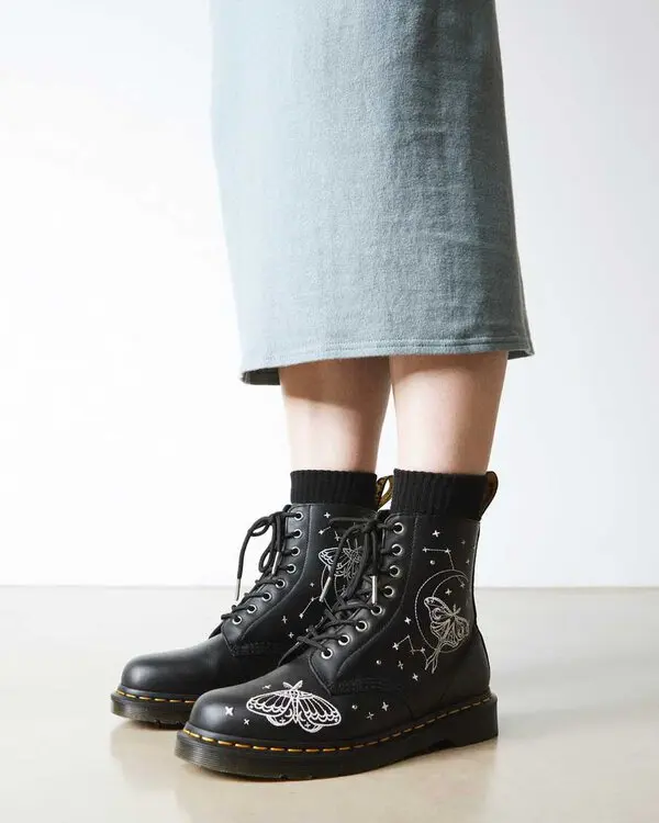 Dr. Martens 1460 Celestial Moth Embroidered Lace-Up Boots In Black