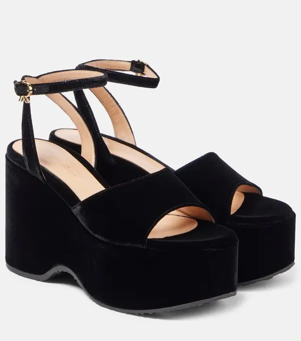 GIANVITO ROSSI Velvet Wedge Sandals - Black