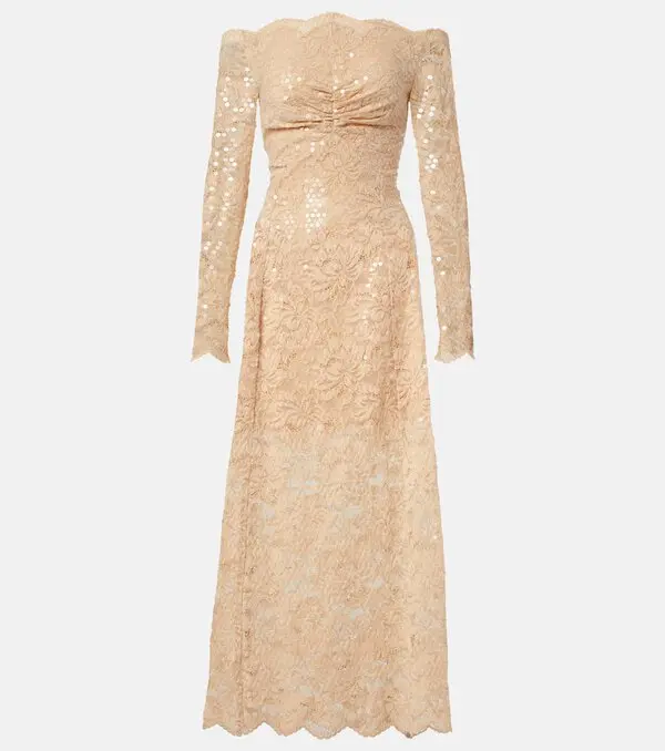 Rabanne Sequined Off-The-Shoulder Lace Maxi Dress - Beige - 30% Off |  Editorialist