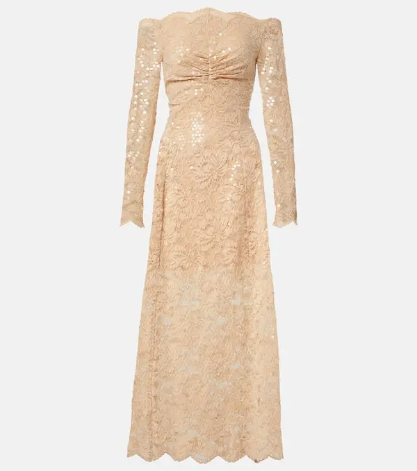 Rabanne Sequined Off-the-shoulder Lace Maxi Dress - Beige
