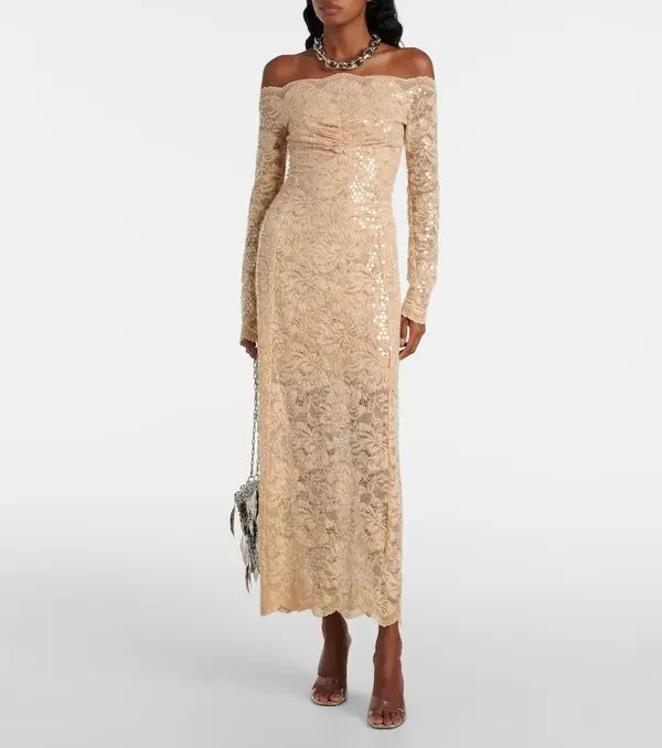 Rabanne Sequined Off-the-shoulder Lace Maxi Dress