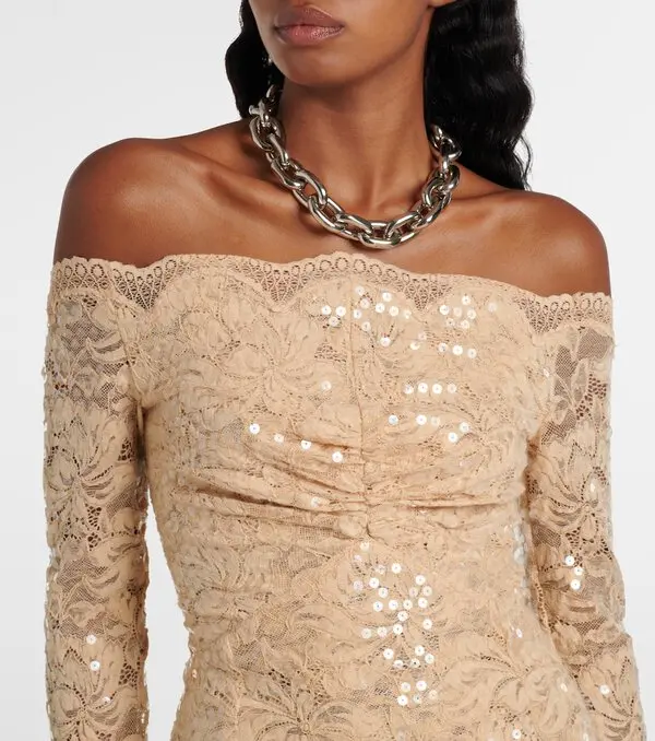 Rabanne Sequined Off-the-shoulder Lace Maxi Dress