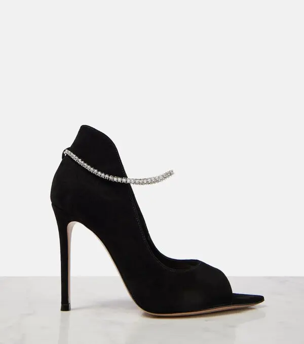 GIANVITO ROSSI Suede Crystal Embellished Peep-toe Pumps - Black