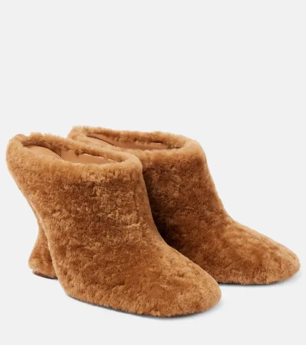 Dries Van Noten Shearling Wedge Mules - Brown