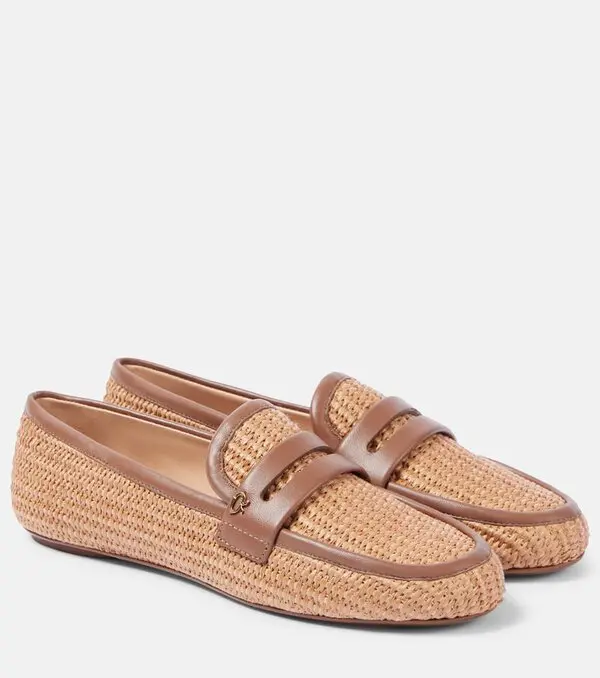 GIANVITO ROSSI Leather-trimmed Raffia Loafers - Brown