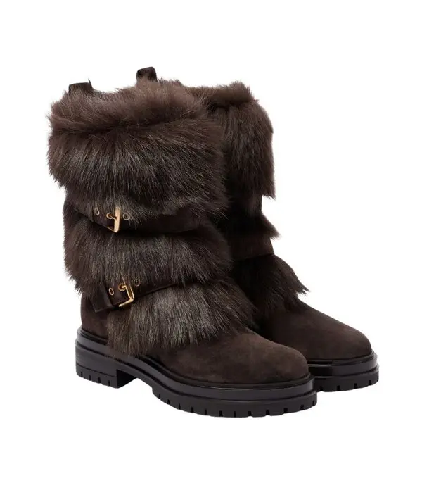 GIANVITO ROSSI Maverick Shearling-trimmed Suede Biker Boots - Brown