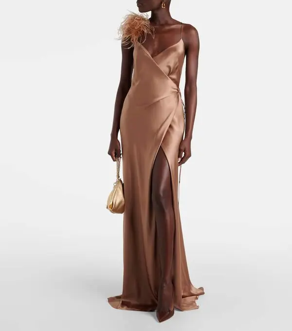 The Sei Feather-Trimmed Silk Satin Wrap Dress In Beige - 20% Off |  Editorialist