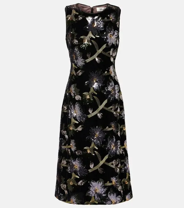 Diane Von Furstenberg Sequined Floral Midi Dress - Black