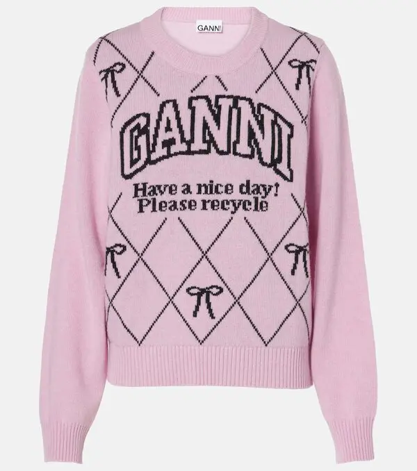 GANNI Logo Intarsia Wool-blend Sweater - Pink