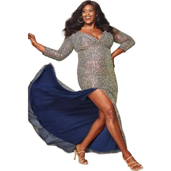 SYDNEY'S CLOSET Fitted V-neck Sequin Gown - Blue Blitz