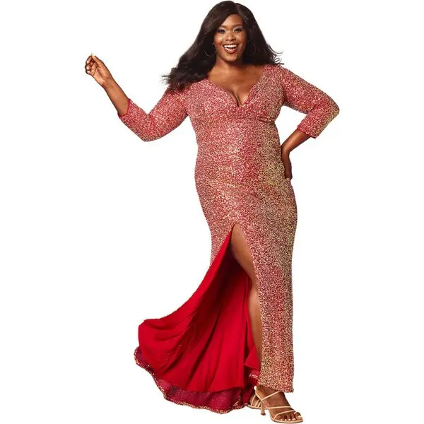 SYDNEY'S CLOSET Fitted V-neck Sequin Gown - Firecracker Red