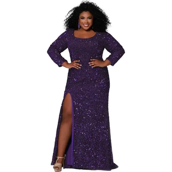 SYDNEY'S CLOSET Long Sleeve Sequin Gown - Purple