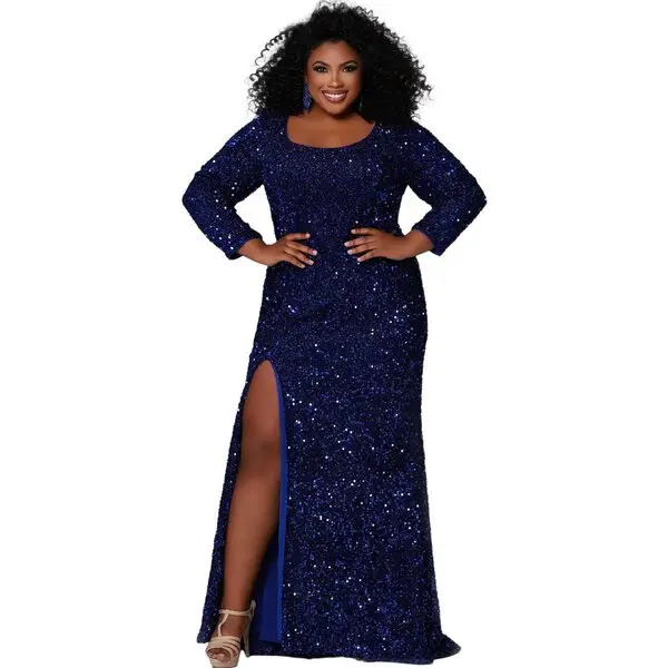 SYDNEY'S CLOSET Long Sleeve Sequin Gown - Sapphire