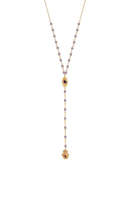 KARMA AND LUCK Amethyst Evil Eye Hamsa Gold Plated Lariat Necklace - Gold/purple