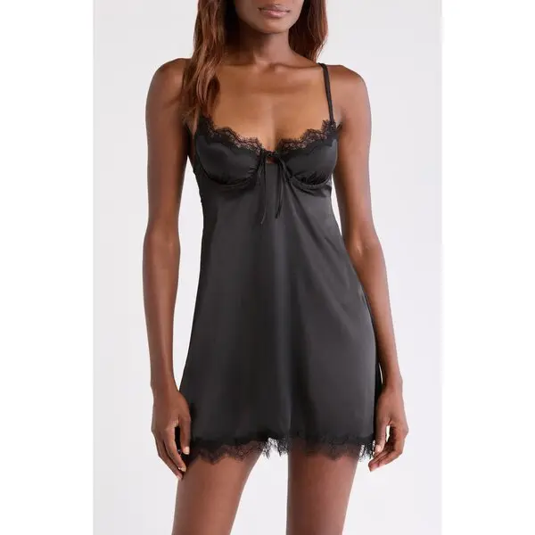 KAT THE LABEL Sorrento Lace Trim Underwire Slip Chemise - Black