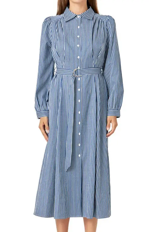 English Factory Stripe Long Sleeve Midi Shirt Dress