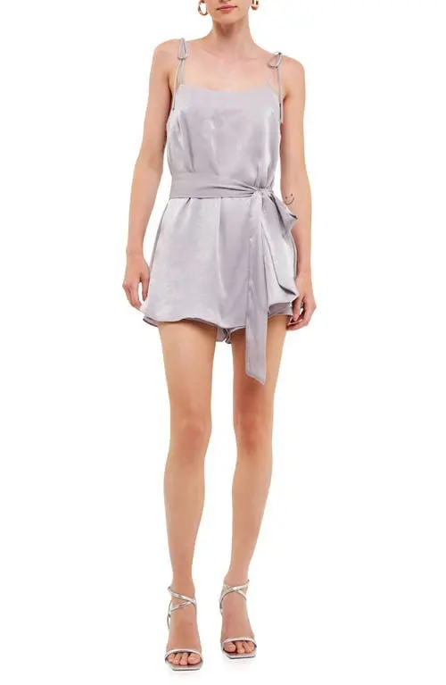 Endless Rose Tie Strap Belted Satin Romper - Silver