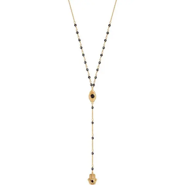 KARMA AND LUCK Hematite Evil Eye Hamsa Lariat Necklace - Gold/dark Grey