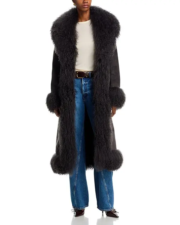SUSANNA CHOW Dorothy Leather & Shearling Trim Midi Coat - Graphite