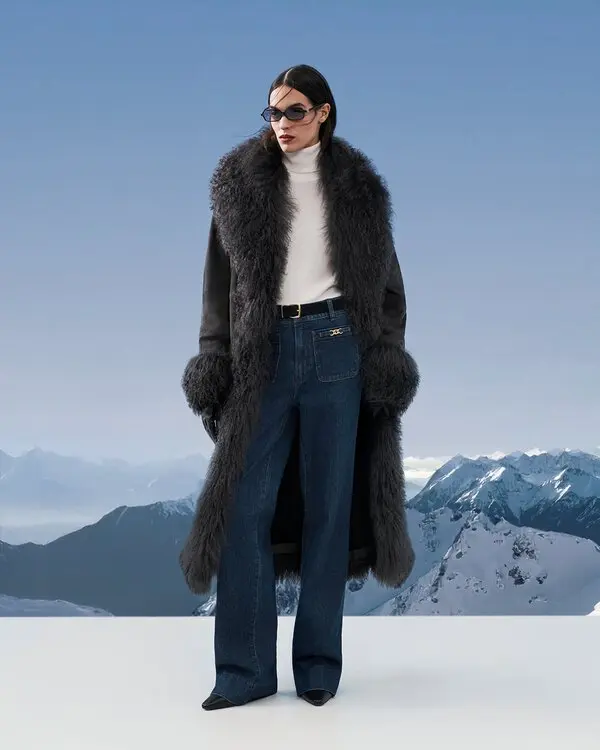 SUSANNA CHOW Dorothy Leather & Shearling Trim Midi Coat - Graphite