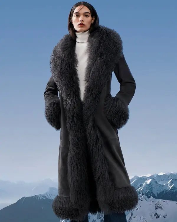 SUSANNA CHOW Dorothy Leather & Shearling Trim Midi Coat - Graphite