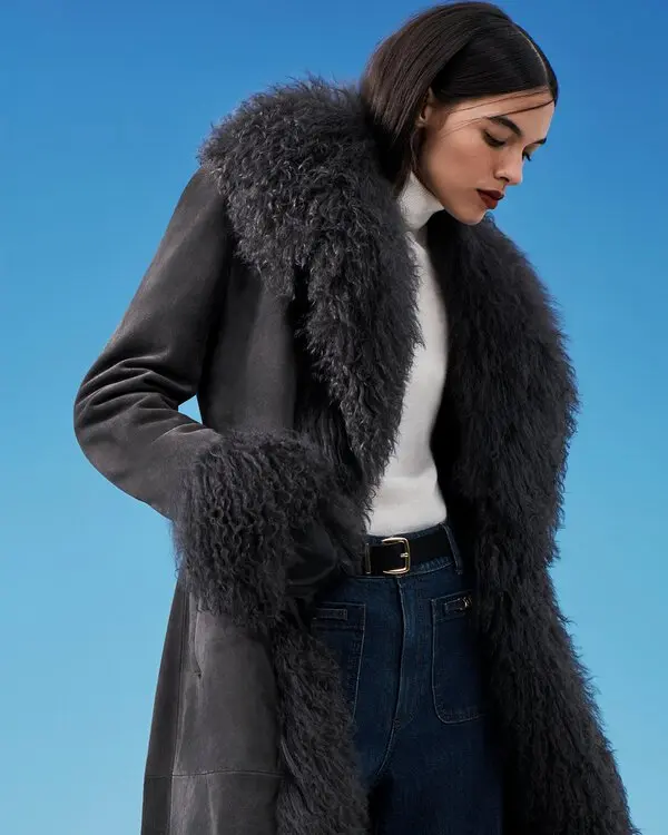 SUSANNA CHOW Dorothy Leather & Shearling Trim Midi Coat - Graphite