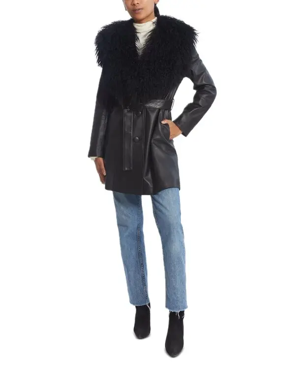 SUSANNA CHOW Leather Shearling Trim Belted Jacket - Black