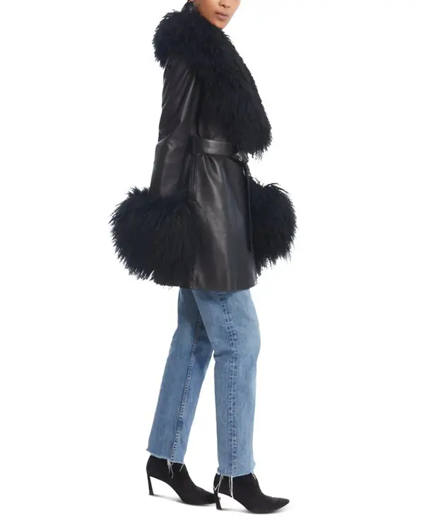 SUSANNA CHOW Leather Shearling Trim Belted Jacket - Black